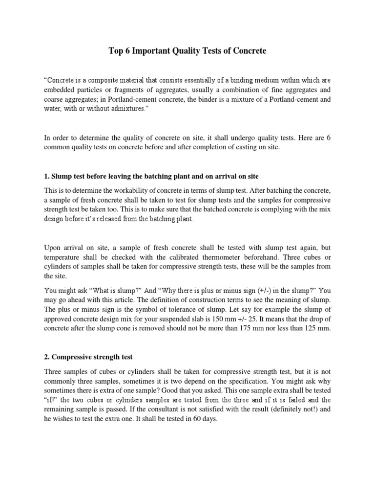 Tests On Concrete Quality | PDF | Concrete | Structural Engineering