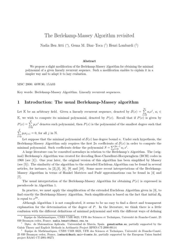 Berlekamp-Massey Algorithm Revisited PDF | PDF | Polynomial | Algorithms And Data Structures