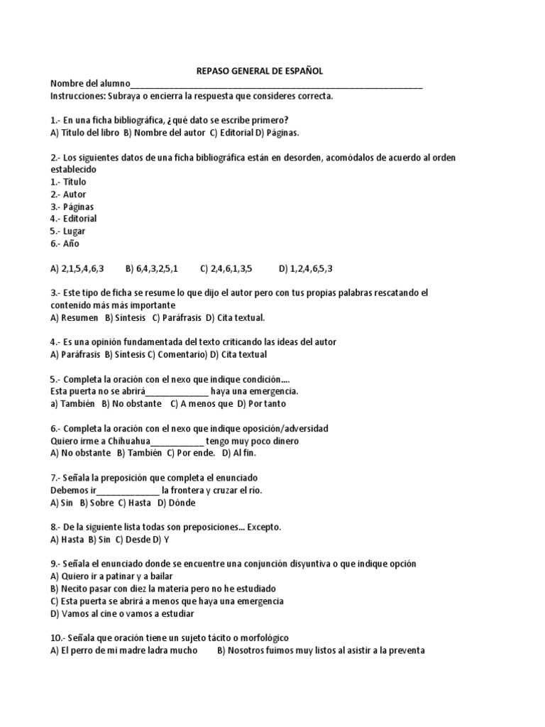 Repaso General de Español | PDF | Oración (Lingüística) | Sintaxis