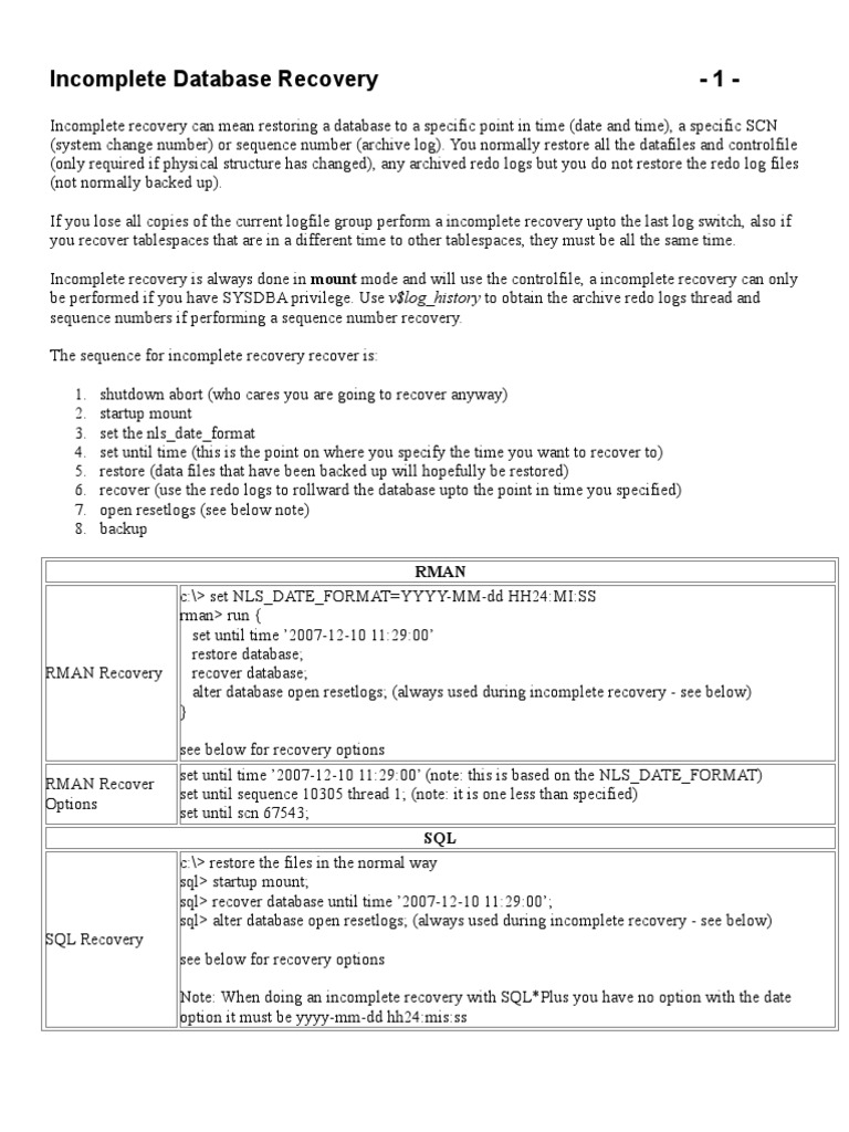 Oracle Incomplete Database Recovery | PDF | Oracle Database ...