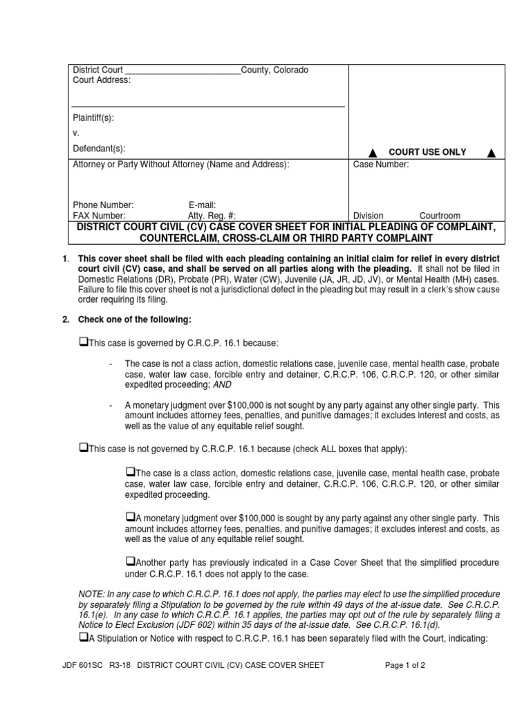 Colorado District Court Civil Case Cover Sheet | PDF | Pleading | Lawsuit