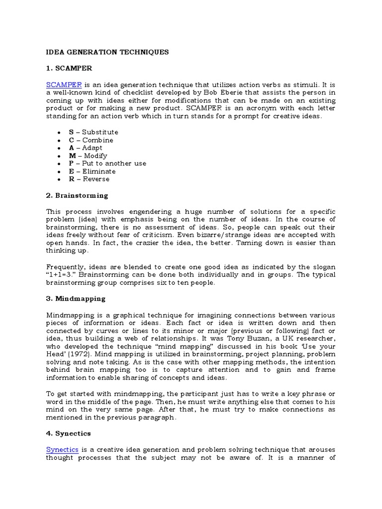 Idea Generation Techniques1 PDF | PDF | Brainstorming | Creativity