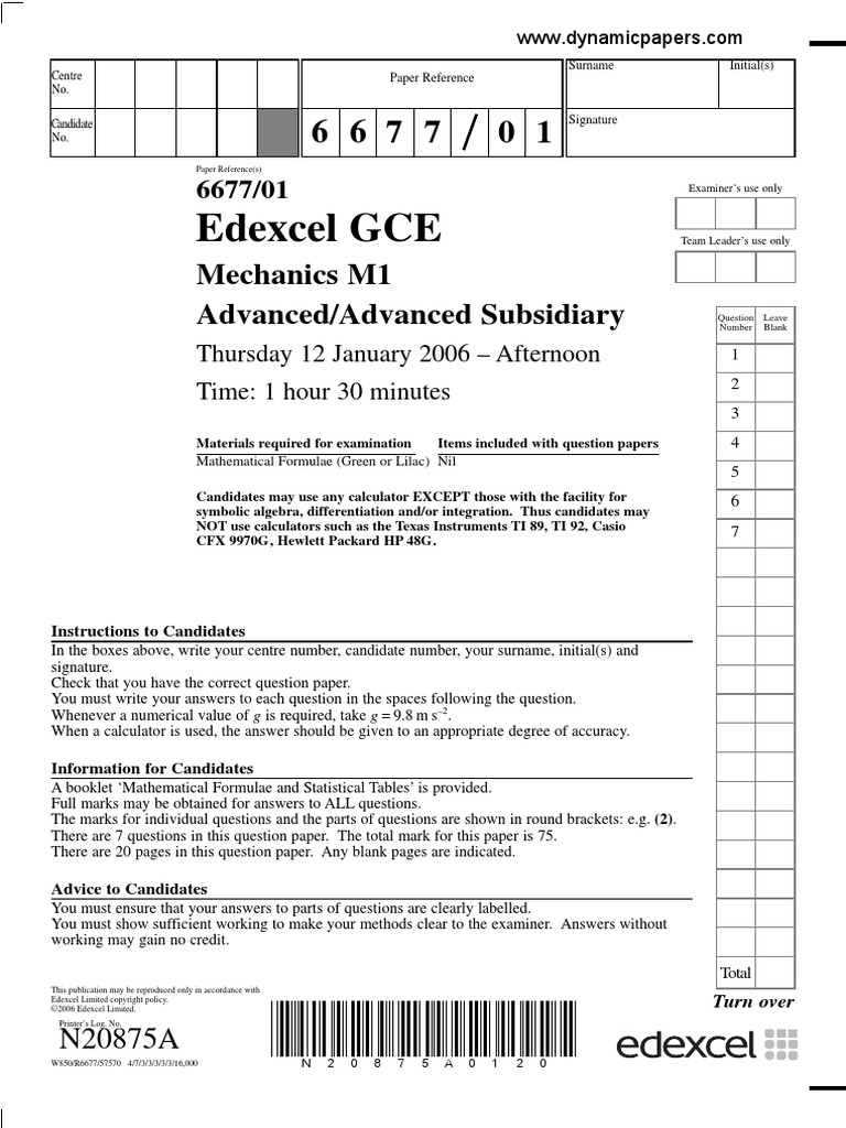 January 2006 QP M1 Edexcel | PDF | Force | Physics