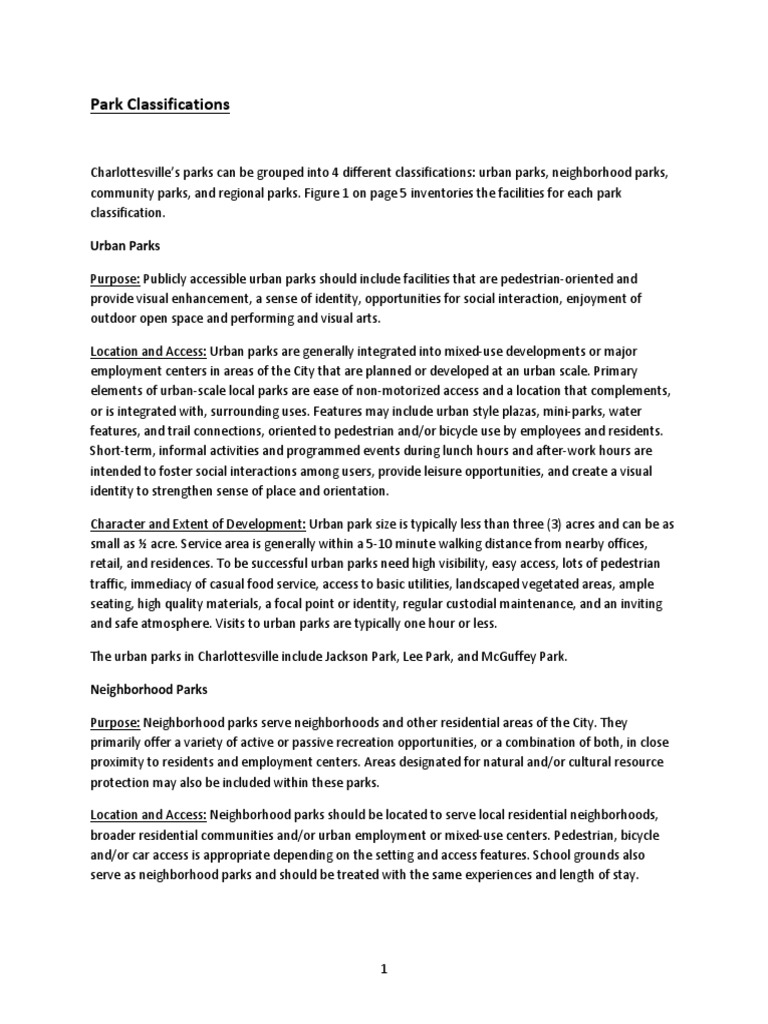 Park Classifications: Urban Parks | PDF | Parks | Trail