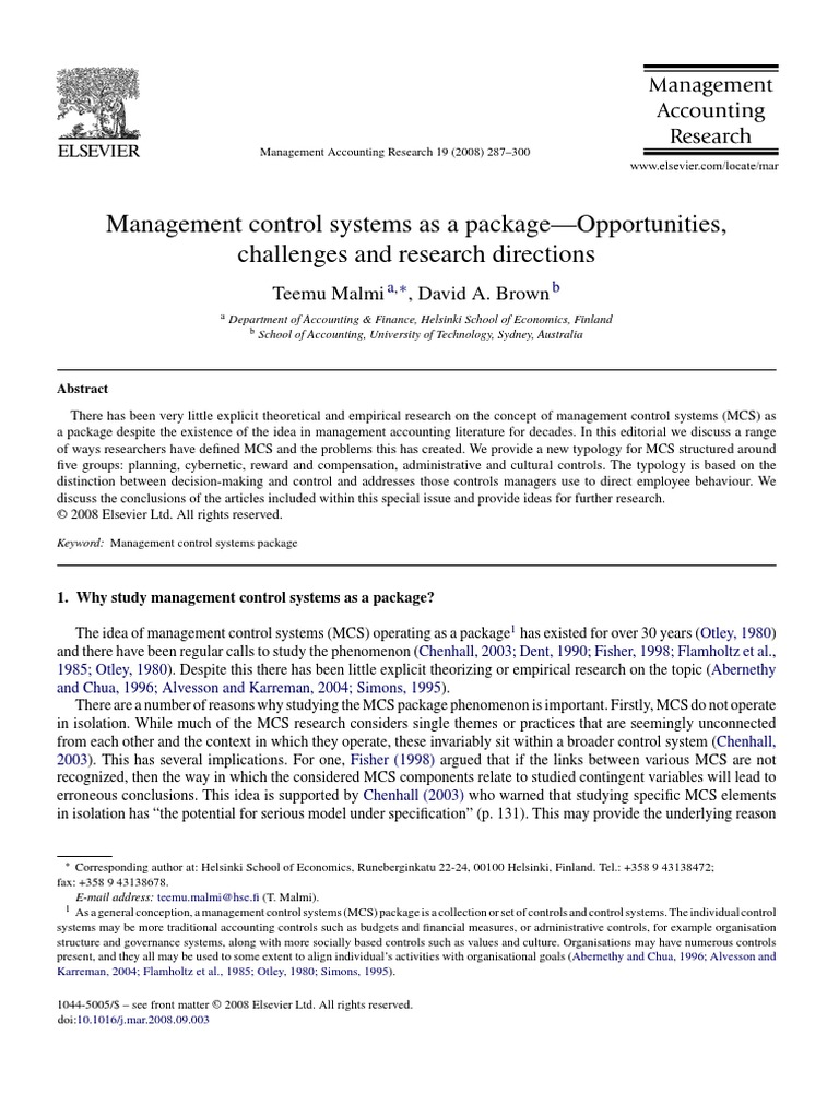 Management Control Systems As A Package Pdf Pdf Goal Governance