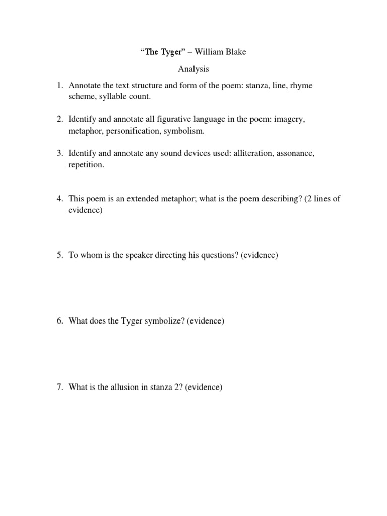 The Tyger Poem and Analysis | PDF