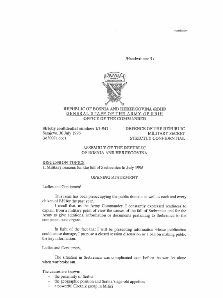 Military Reasons For The Fall of Srebrenica in July 1995 (ARBiH General ...