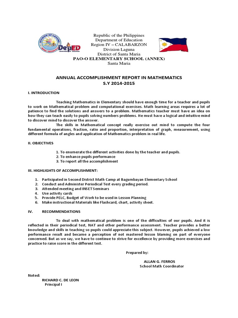 Annual Accomplishment Report in Mathematics 2014 | PDF | Teaching ...