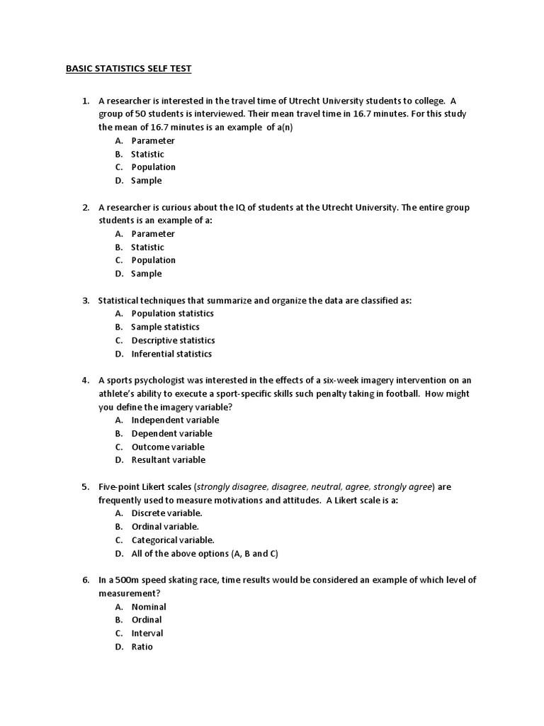 Basic Statistics Self-Test Questions | PDF | Standard Score ...