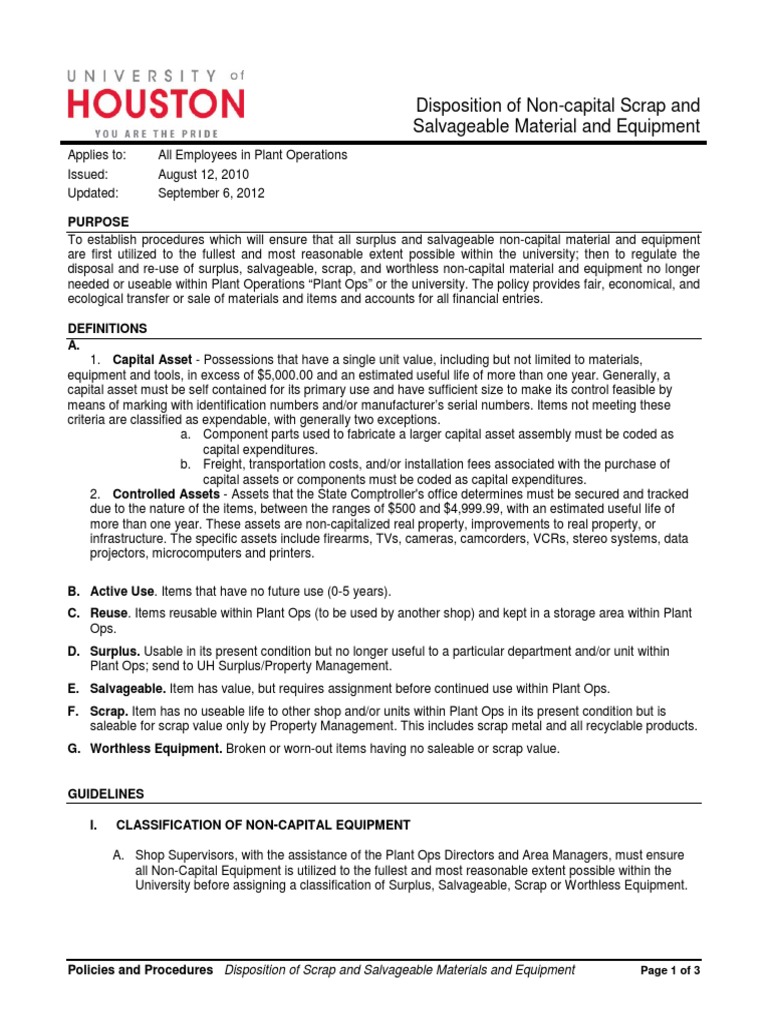 Disposition of Non-Capital Scrap and Salvageable Material and Equipment ...