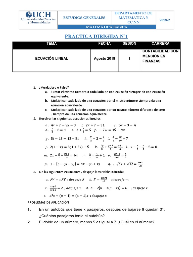 1ra Práctica Dirigida de Matemática Básica (Ecuación Lineal) | PDF ...