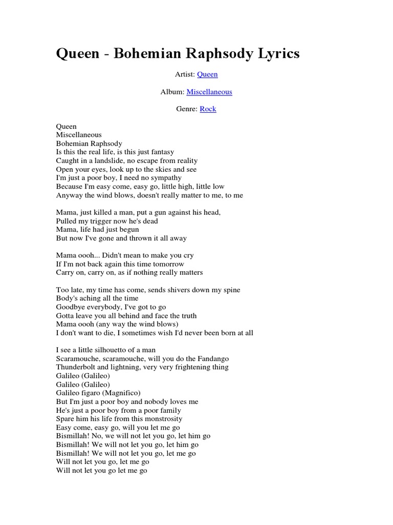 Queen - Bohemian Raphsody (Letra Traducida y Comparada) | PDF