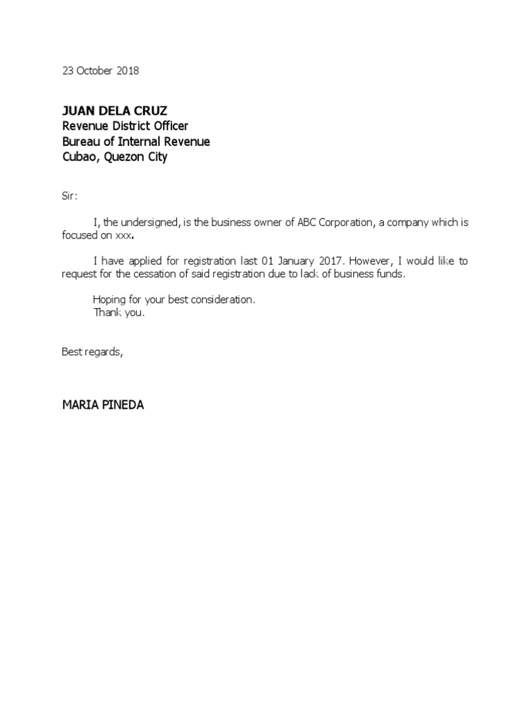 Sample - Letter Request For Cessation of BIR Registration | PDF