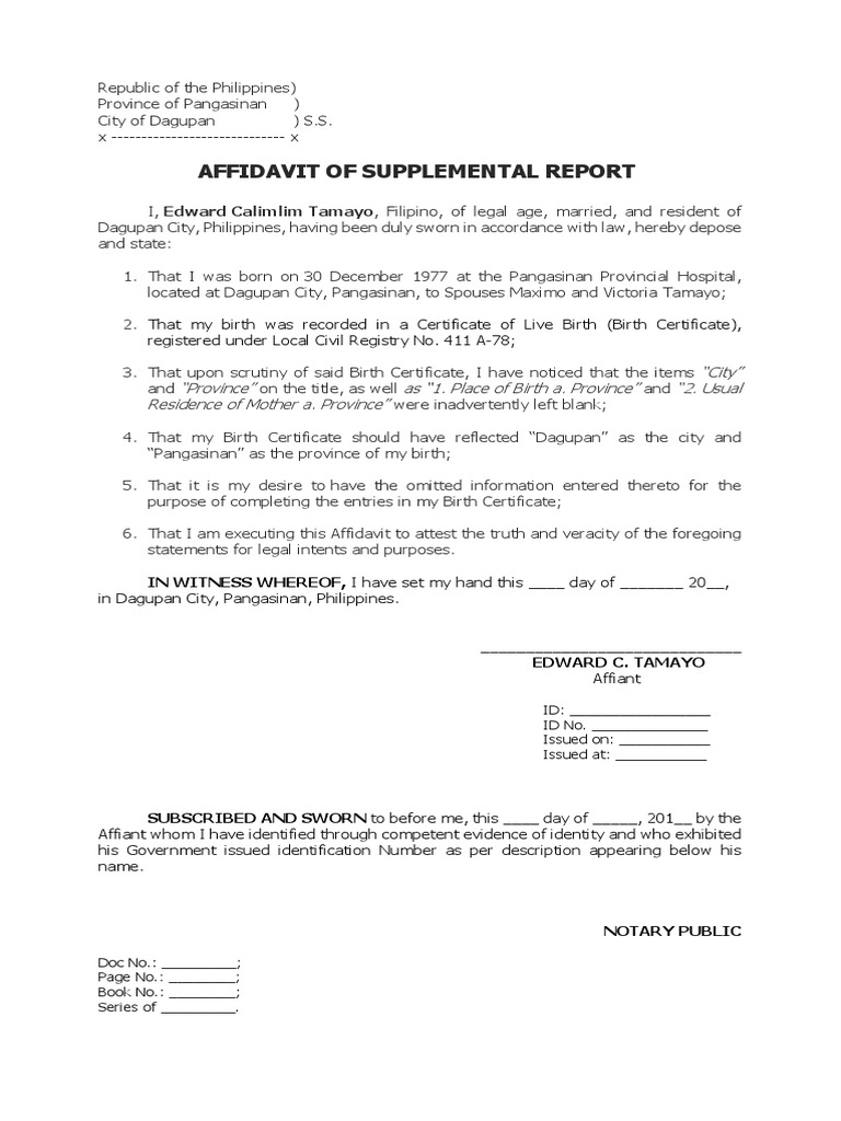 Supplemental Affidavit for Birth Certificate | PDF