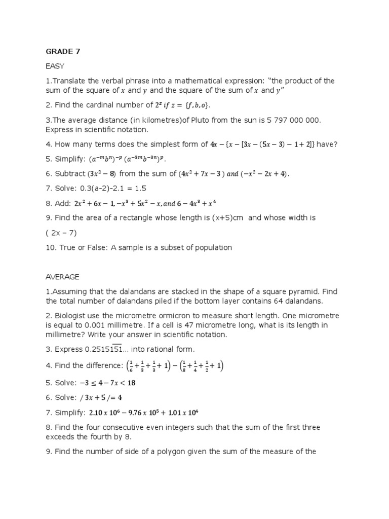 Math Quiz g7 | PDF | Elementary Mathematics | Teaching Mathematics