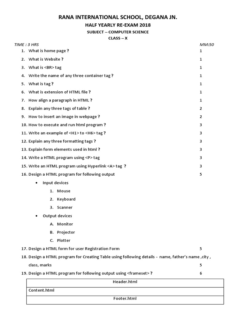Rana International School, Degana JN.: Half Yearly Re-Exam 2018 | PDF ...
