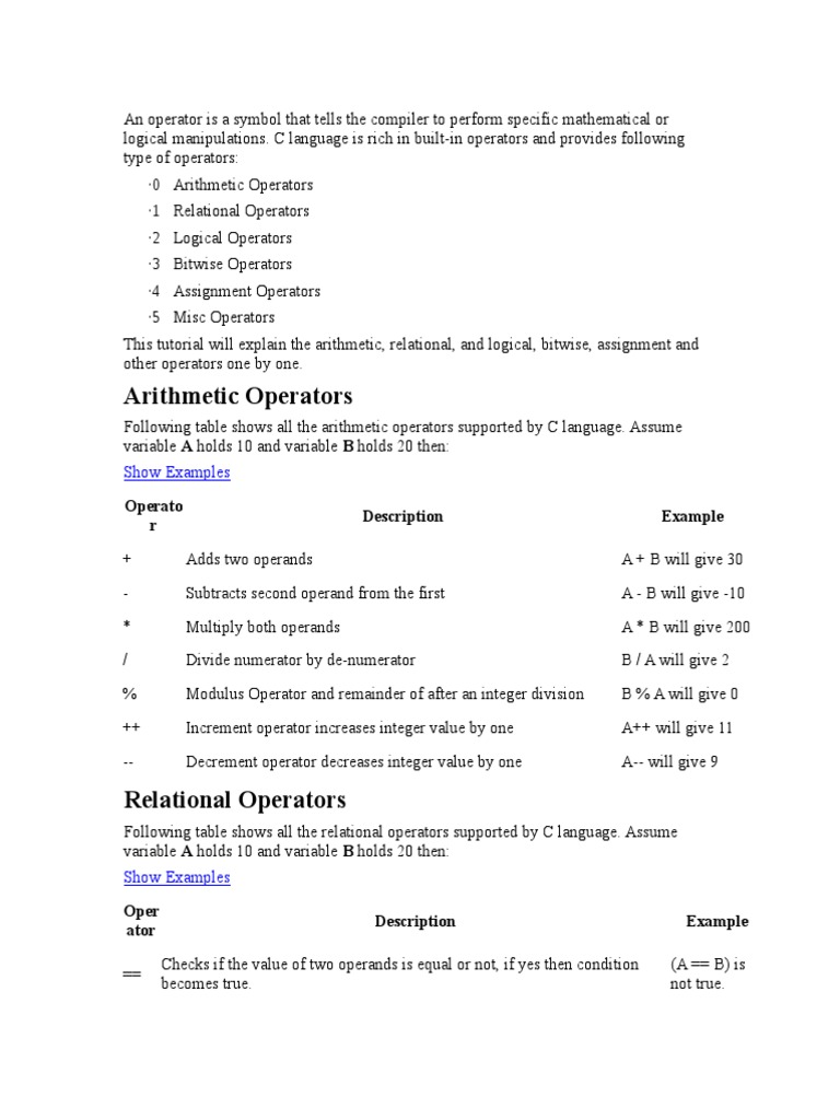 Operators in C | PDF | C (Programming Language) | Notation