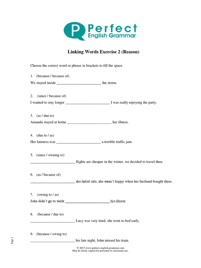 Linking Words Exercise 2 (Reason | PDF Linking Words Exercise 2 (Reason | PDF