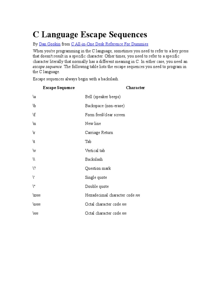 C Language Escape Sequences: Dan Gookin C All-in-One Desk Reference For ...