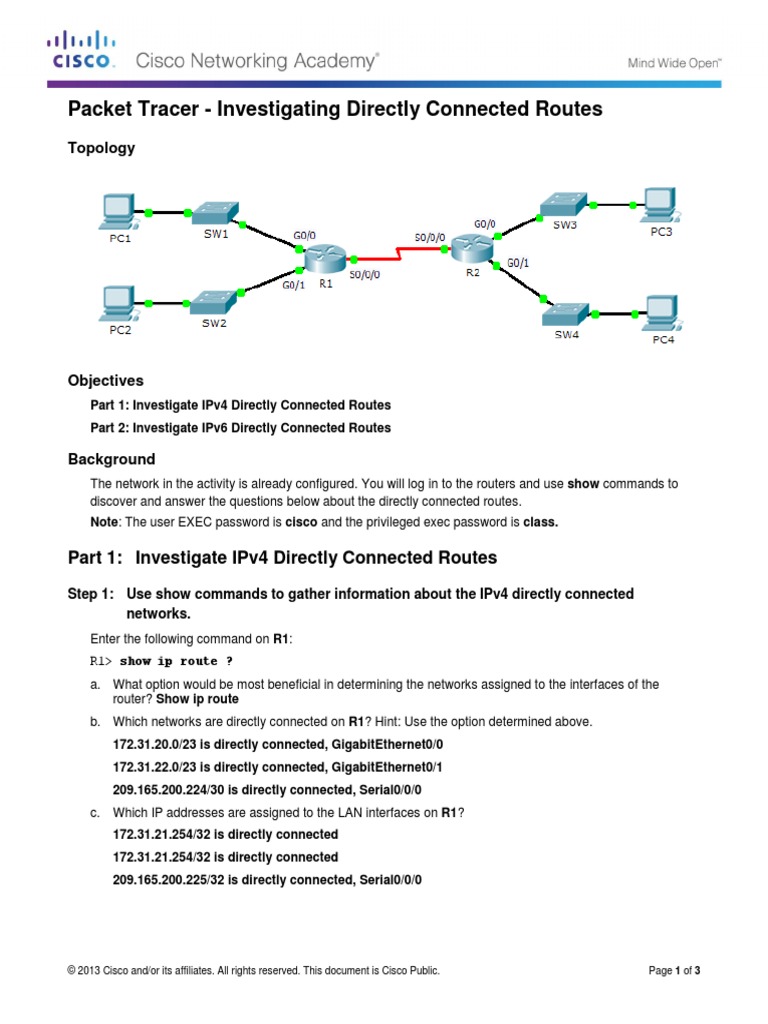 1.3.2.5 Packet Tracer - Investigating Directly Connected Routes ...