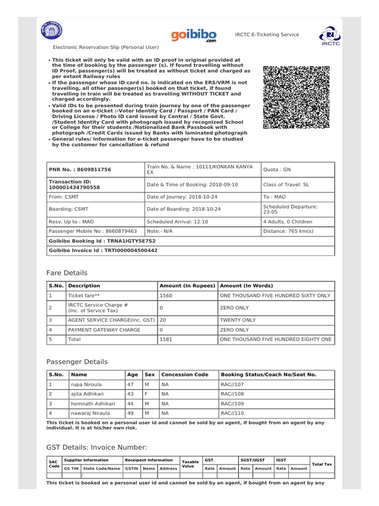 CSMT To Mao | PDF | Identity Document | Ticket (Admission)