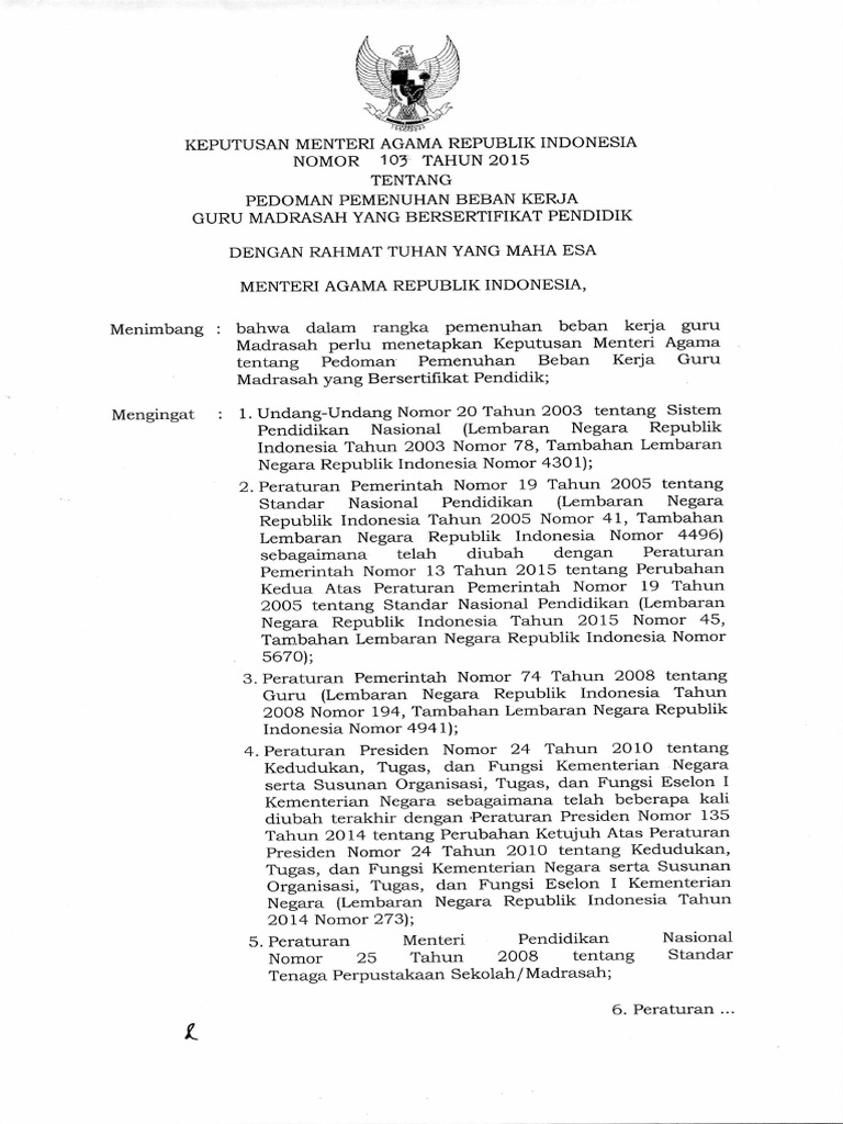 KMA 103 TH 2015 Tentang Beban Kerja Guru PDF | PDF