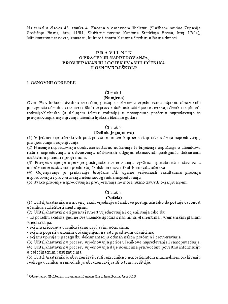 Pravilnik o Pracenju Napredovanja Provjeravanju I Ocjenjivanju Ucenika ...