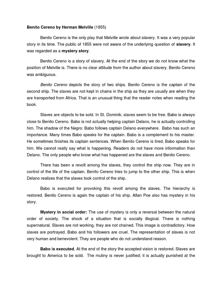 Benito Cereno by Herman Melville Notes | PDF | Slavery