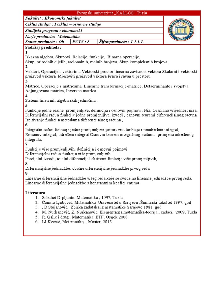 SILABUS Matematika Ekonomiste Zadaci Seminar | PDF