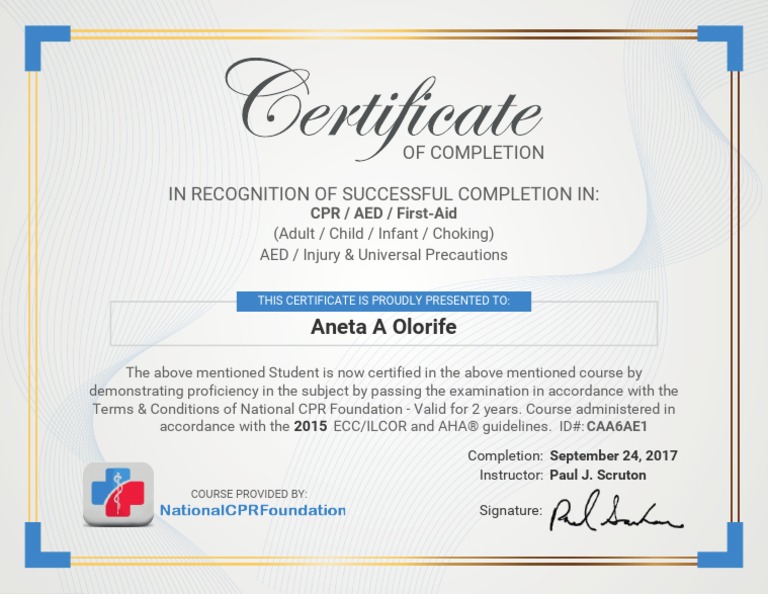 CPR Certificate of Completion | PDF | Self-Improvement | Wellness