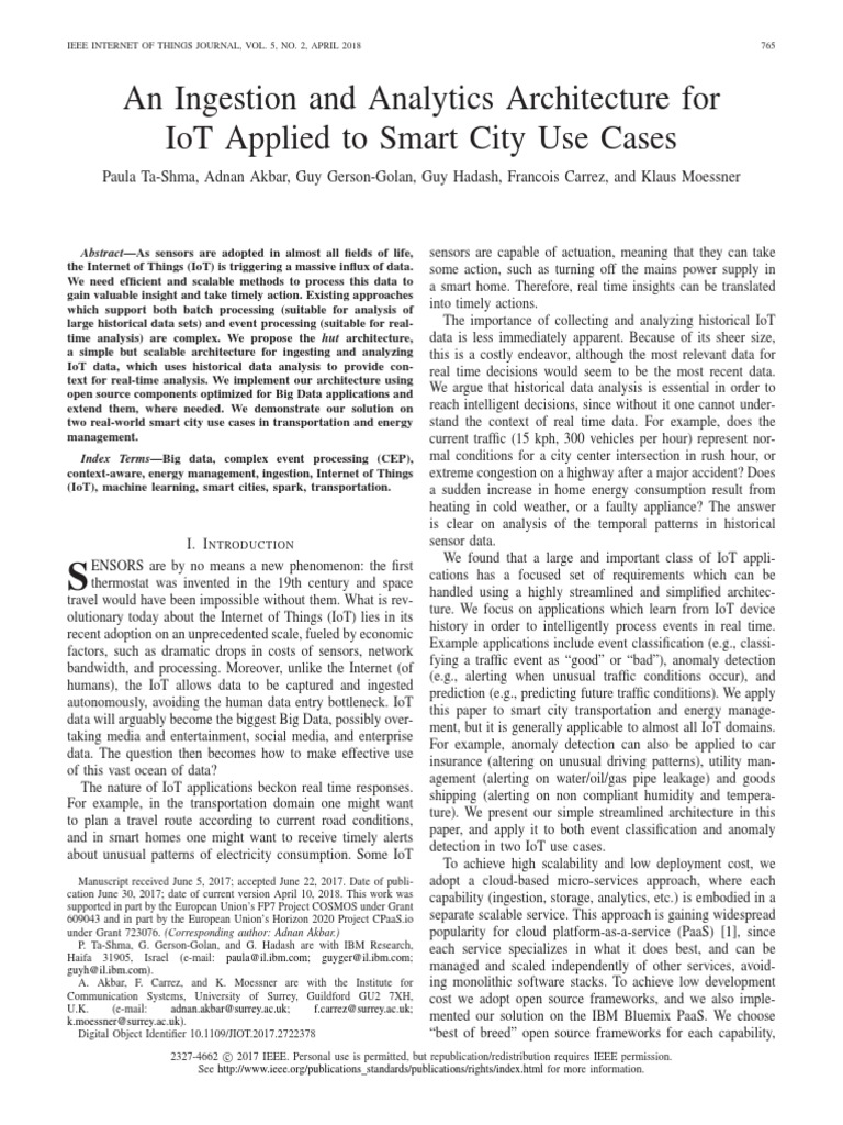 An Ingestion and Analytics Architecture For Iot Applied To Smart City Use Cases | Download Free ...