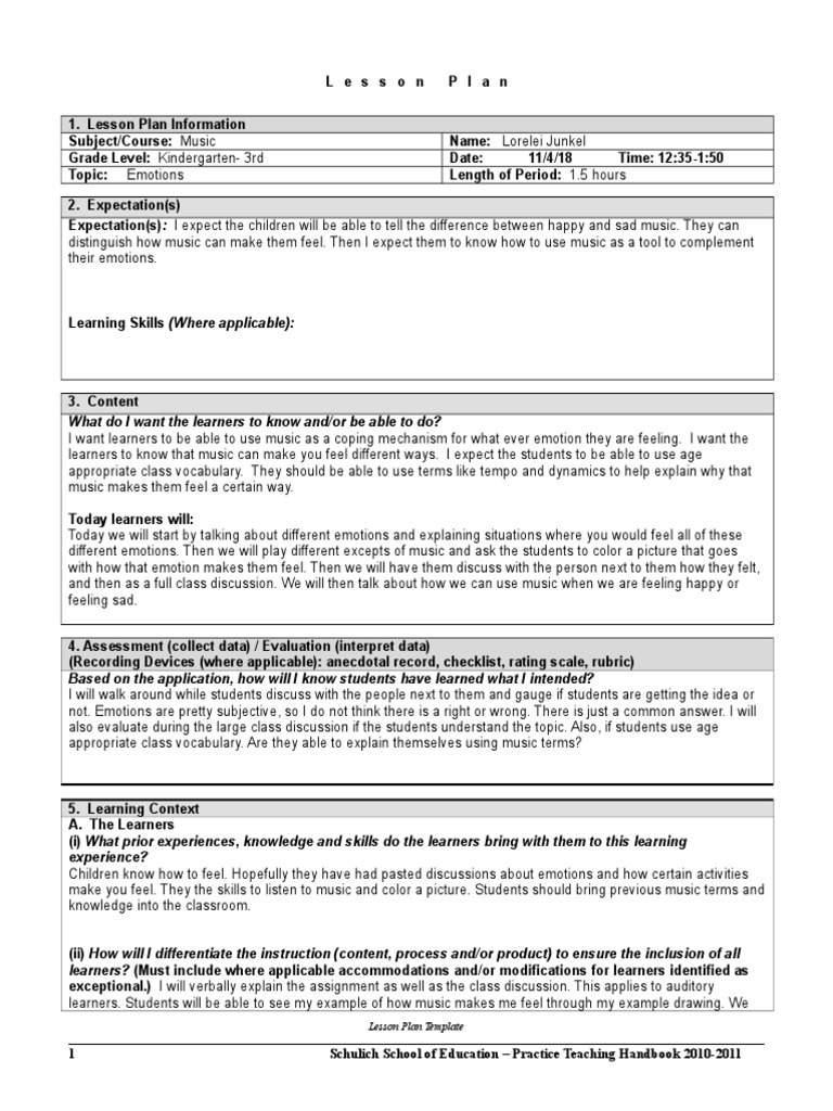Emotions Lesson Plan TCH 210 | PDF | Lesson Plan | Learning