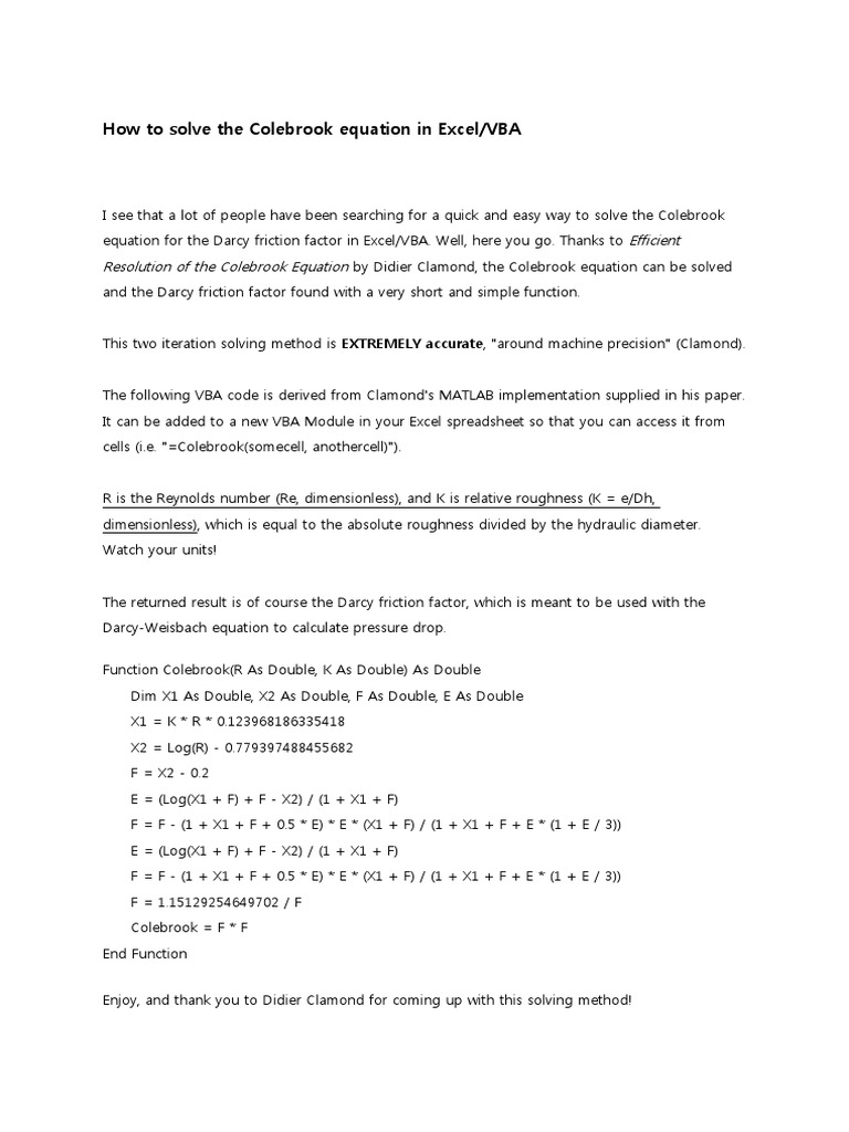 Solving Colebrook Equation in Excel/VBA | PDF | Teaching Methods ...