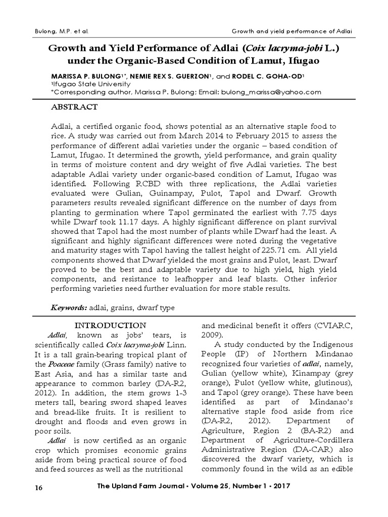 Adlai Varieties: Growth and Yield Study | PDF | Sowing | Germination