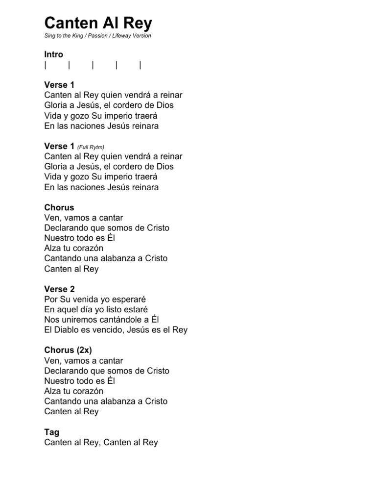 Canten Al Rey (Sing To The King) (Lyrics) | PDF