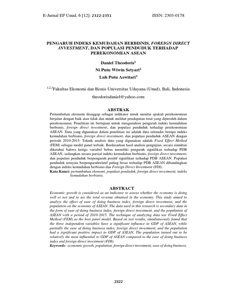 Pengaruh Indeks Kemudahan Berbisnis, Foreign Direct Perekonomian Asean ...