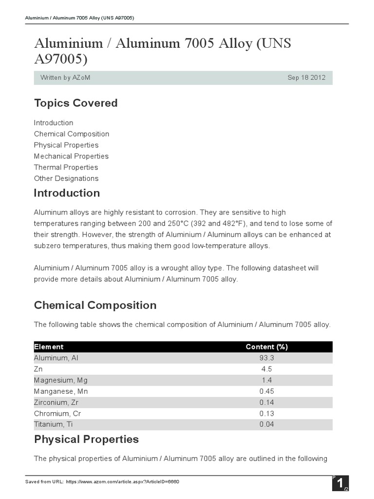 Aluminium Aluminum 7005 Alloy (UNS A97005) | PDF | Alloy | Aluminium