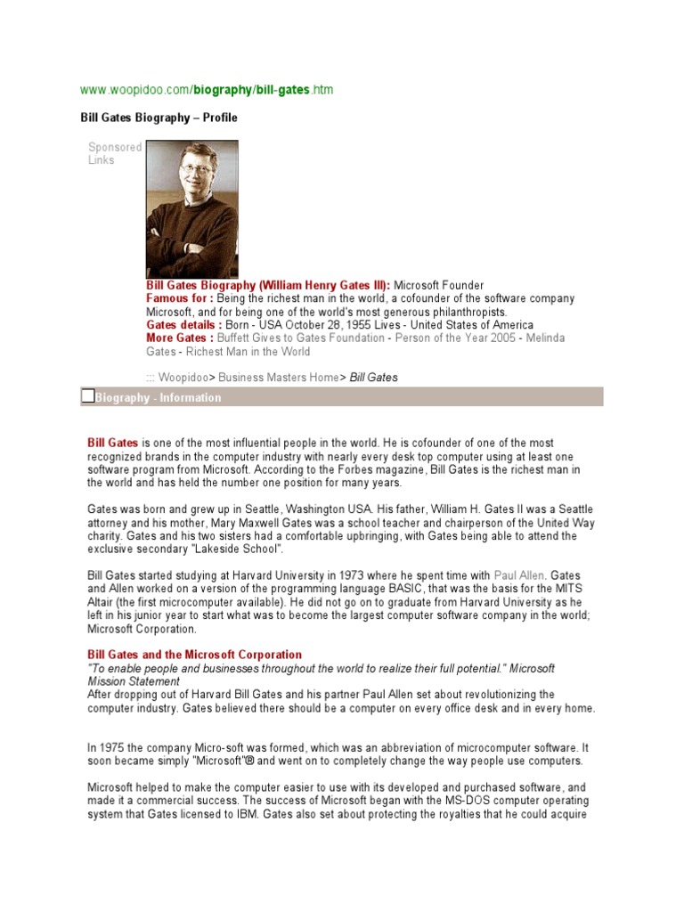 Sponsored Links: Bill Gates Biography - Profile | PDF | Microsoft ...