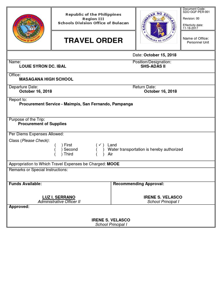 Travel Order: Louie Syron Dc. Ibal Shs-Adas Ii | PDF