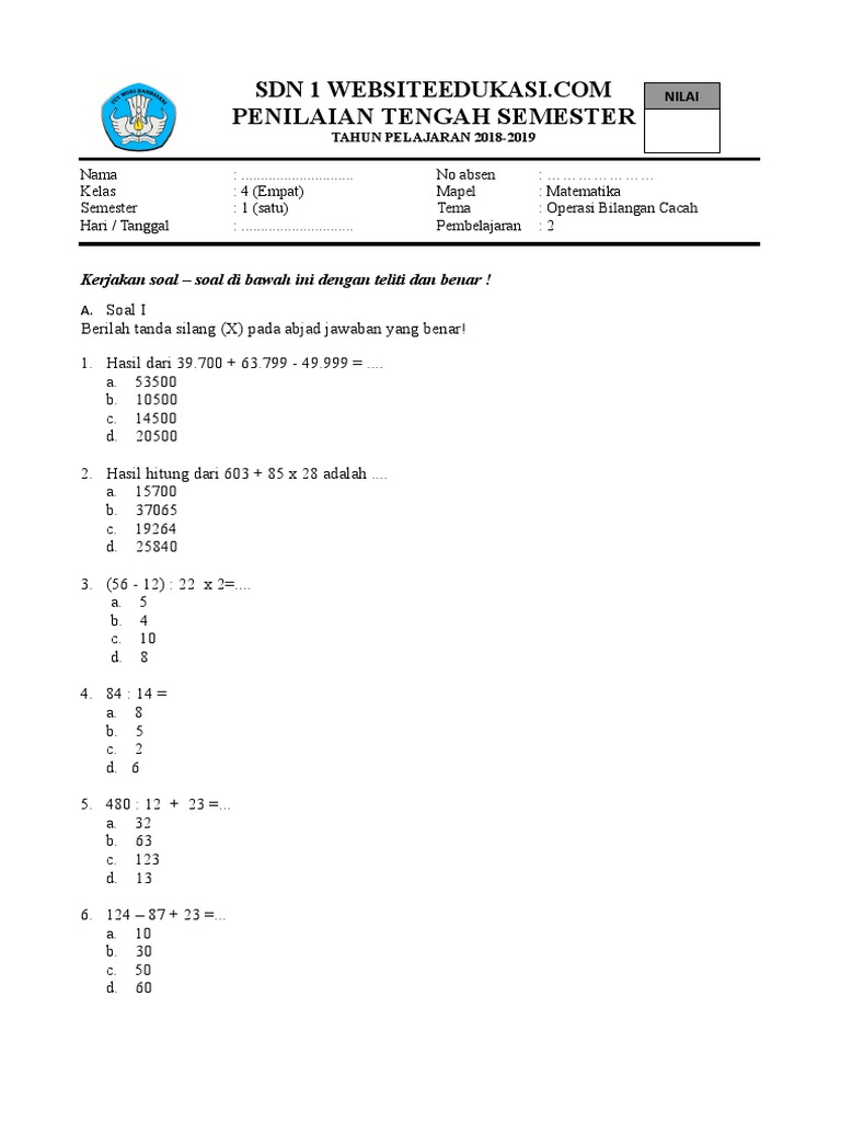 Soal MTK Kelas 4 Operasi Bilangan Cacah | PDF