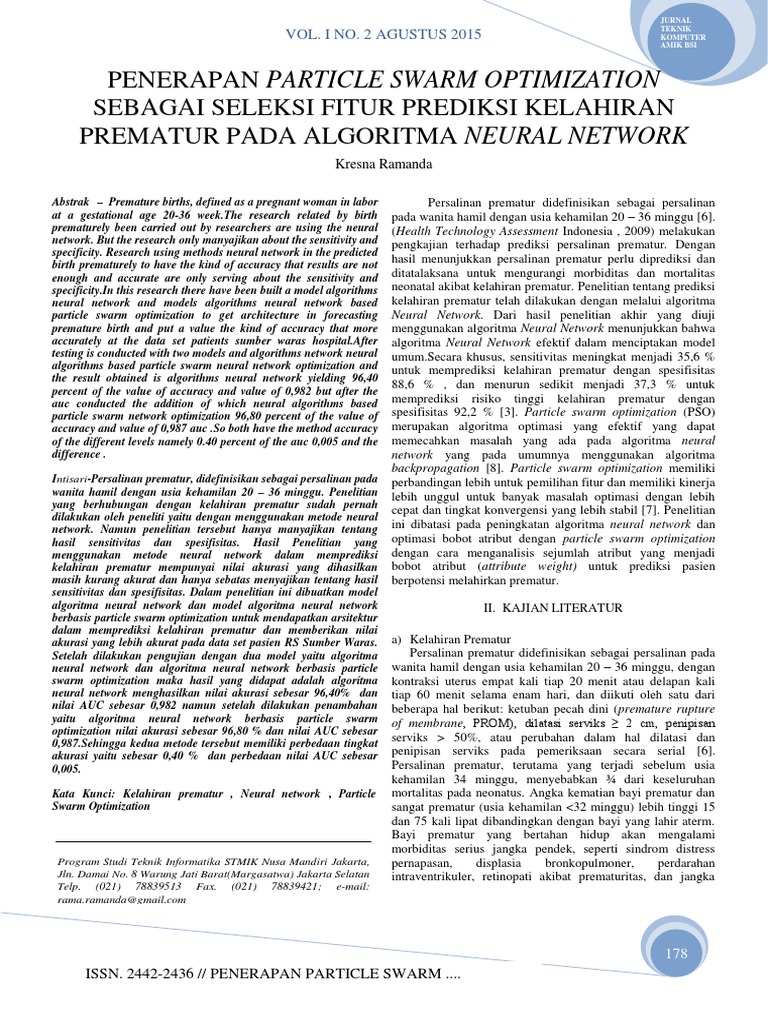Penerapan Particle Swarm Optimization Sebagai Seleksi Fitur Prediksi Kelahiran Prematur Pada ...