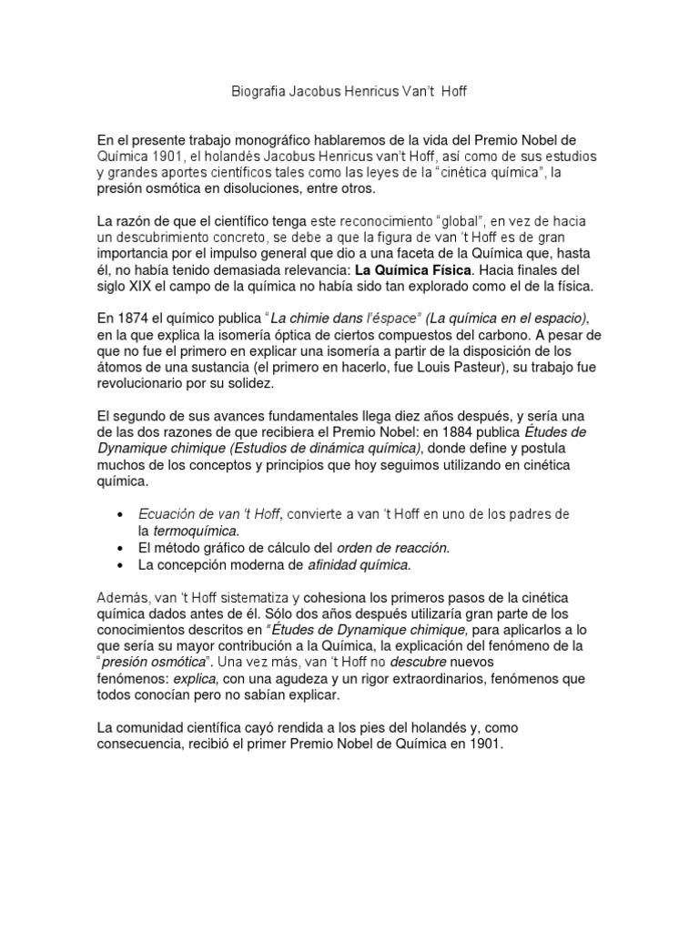 Jacobus Henricus Van't Hoff-Biografia | PDF | Isómero | Química