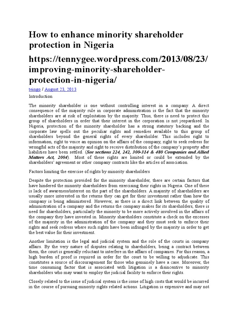 Enhancing Minority Shareholder Rights in Nigeria | PDF | U.S ...