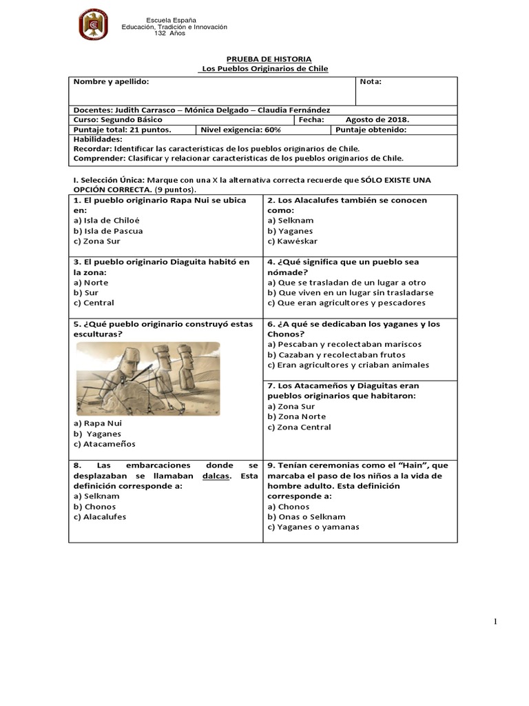 Prueba de los pueblos originarios 2° básico 2 | Gente indígena ...