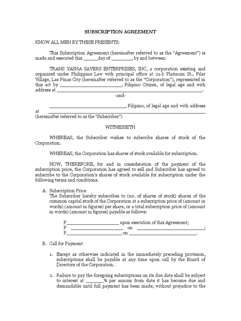 Subscription Agreement SAMPLE | PDF | Subscription Business Model ...