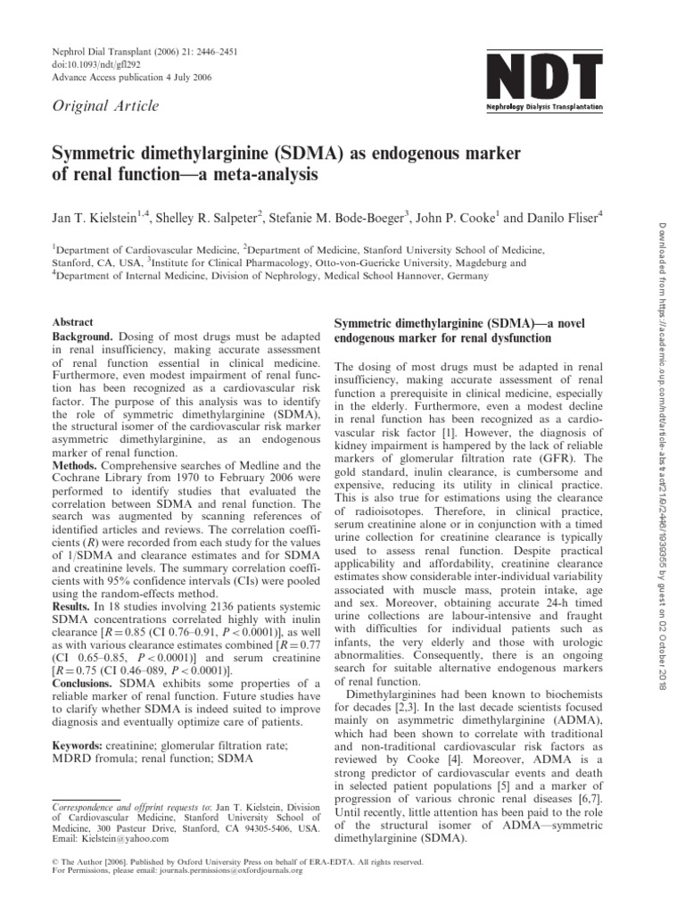 Symmetric Dimethylarginine (SDMA) As Endogenous Marker of Renal ...