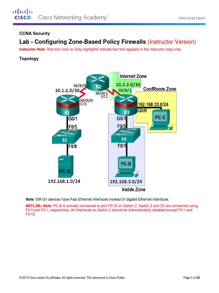 4.4.1.2 Lab - Configuring Zone-Based Policy Firewalls | Download Free PDF | Ip Address | Router ...