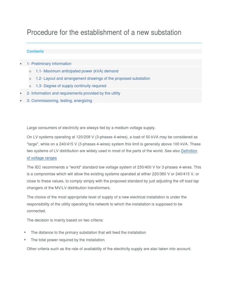 Procedure For The Establishment of A New Substation | PDF | Electrical ...