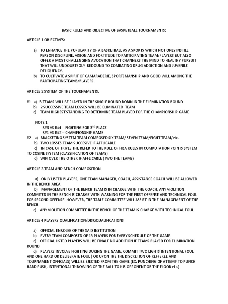 Basic Rules and Objective of Basketball Tournaments | PDF | Leisure ...