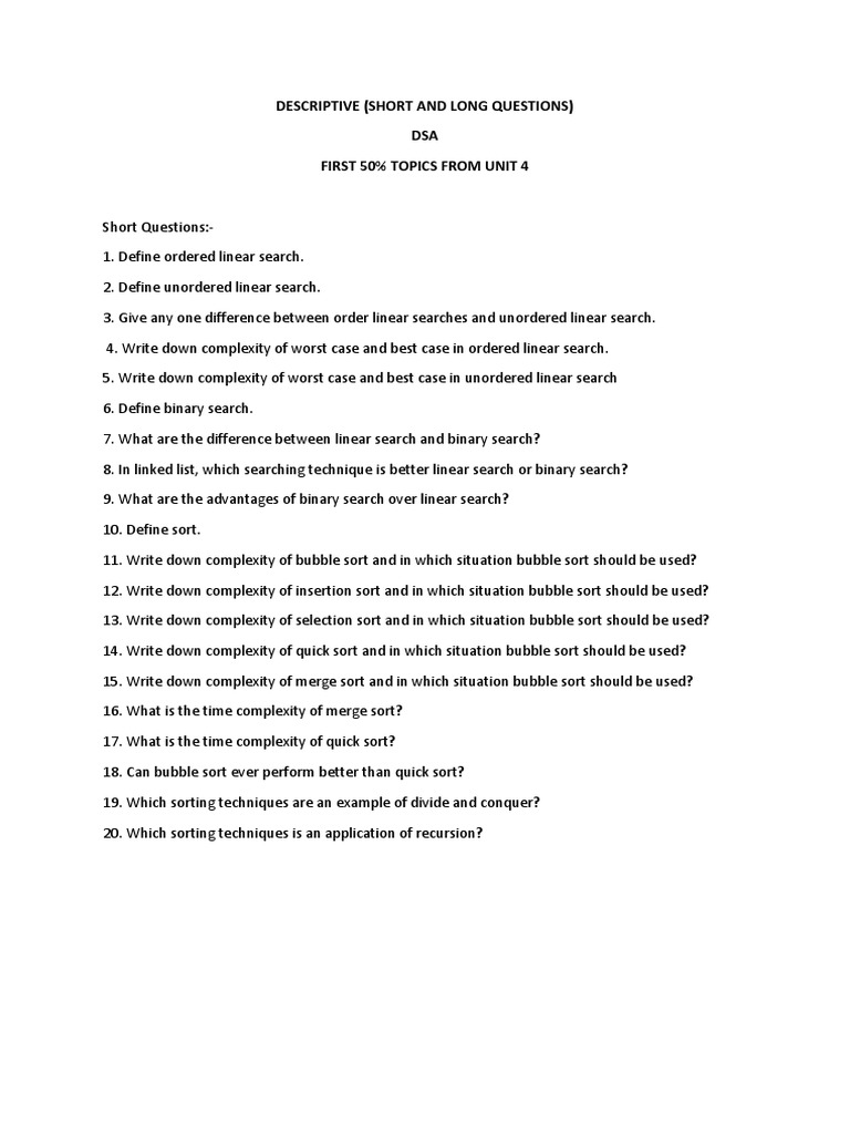 Descriptive (Short And Long Questions) DSA First 50% Topics From Unit 4 ...